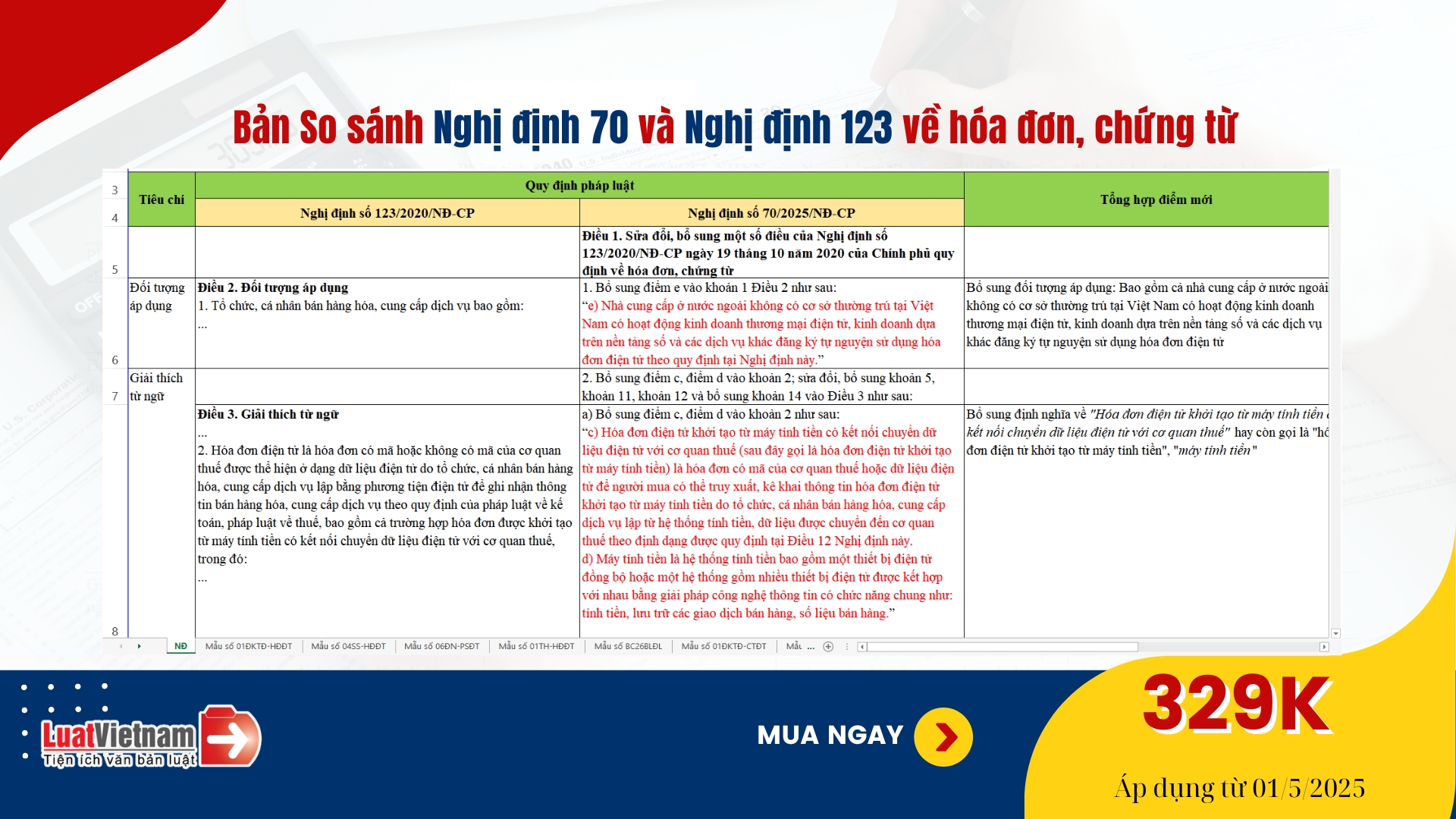 [File excel] So sánh Nghị định 70/2025/NĐ-CP và Nghị định 123/2020/NĐ-CP về hóa đơn